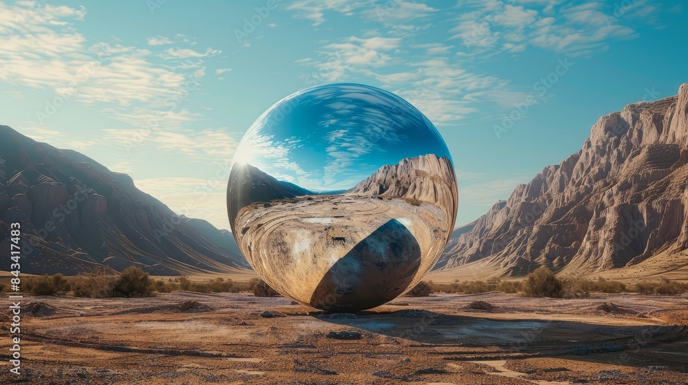 Spherical mirror in the desert, a portal-like illusion blending ...