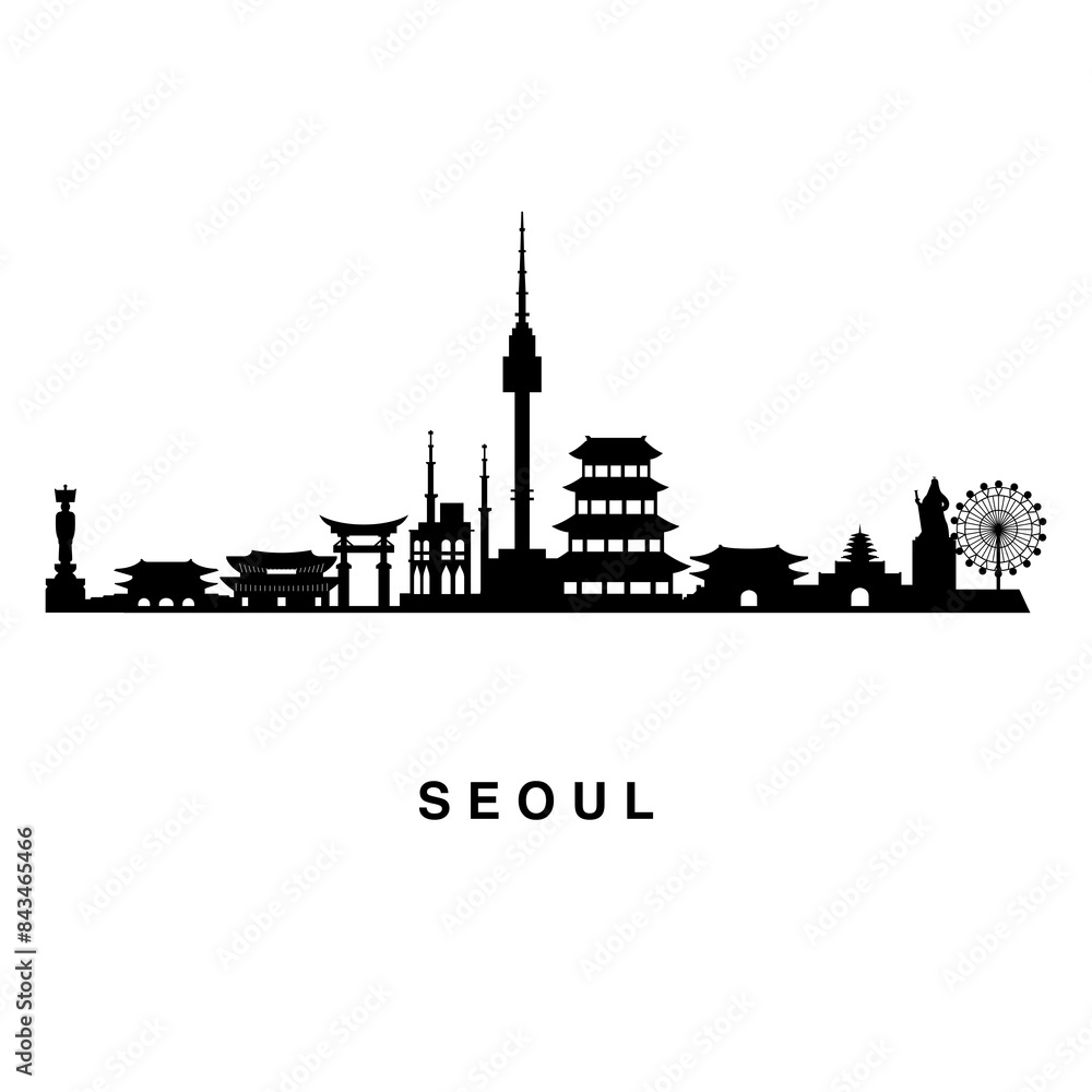 Seoul South Korea skyline horizontal banner. Black and white silhouette ...