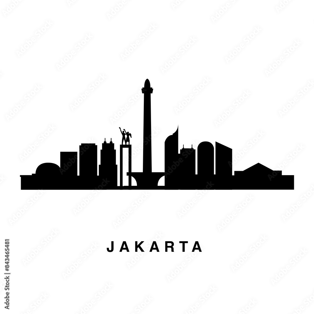 Jakarta Indonesia skyline horizontal banner. Black and white silhouette ...