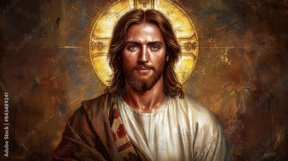 Digital art depicting Jesus with a serene expression and a halo ...