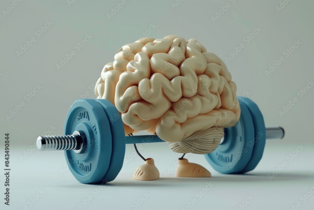 Cute cartoon human brain lifting weights with blue background ...