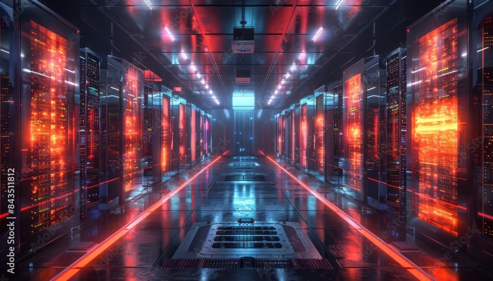 Futuristic Data Center With Glowing Led Lights Featuring Rows Of High
