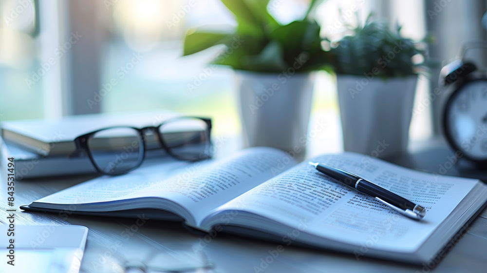 Open code of conduct booklet on an office desk with glasses and a pen ...