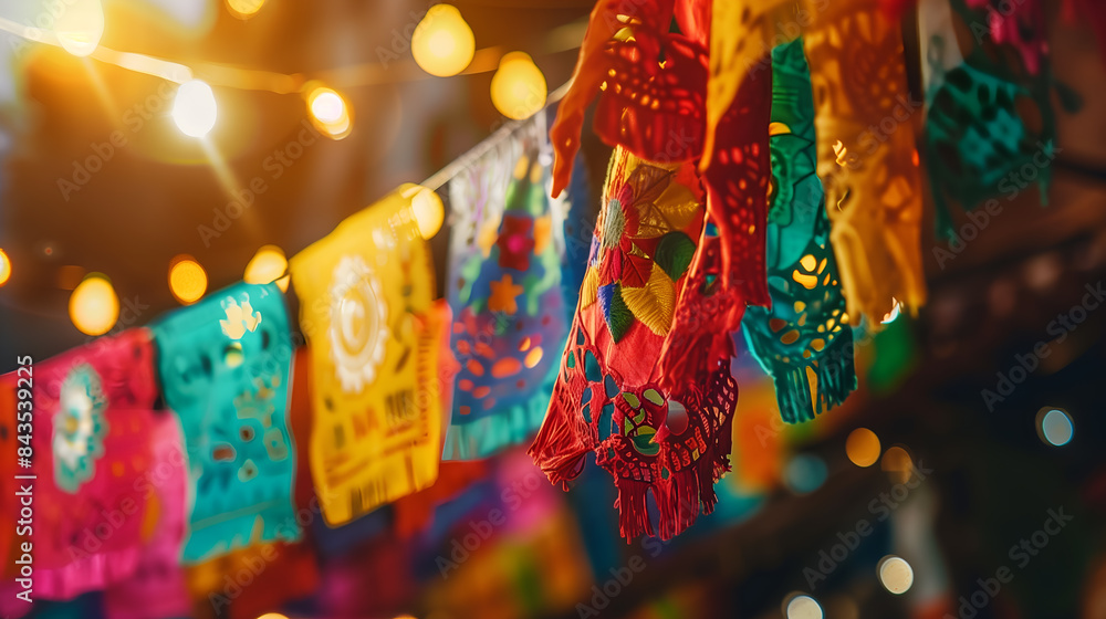 Colorful paper flags and garlands hanging in the air, traditional ...