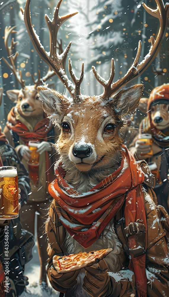 reindeer with humans in lapland drinking a beer and eating pizza ...