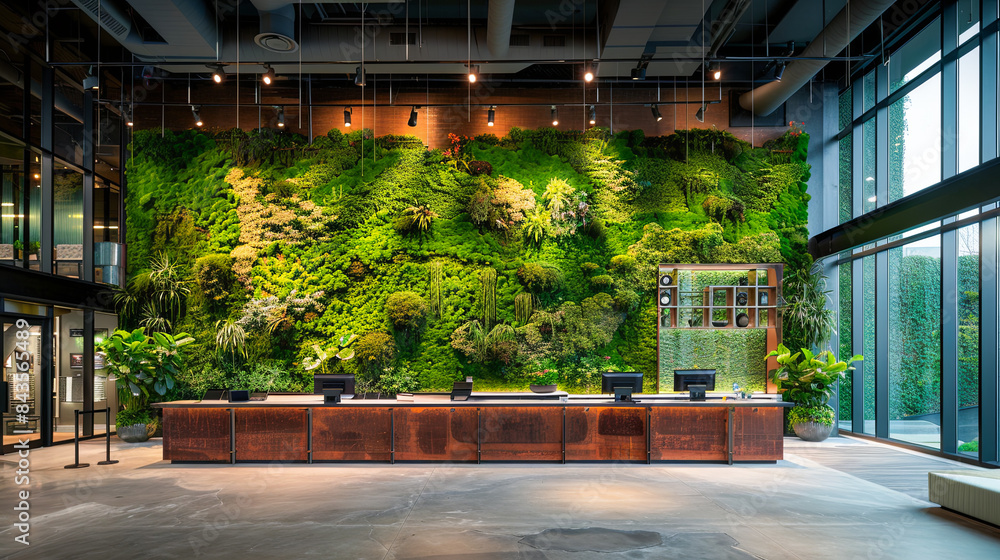 Modern Hotel Lobby Interior Design with Green Wall and Copper Reception ...