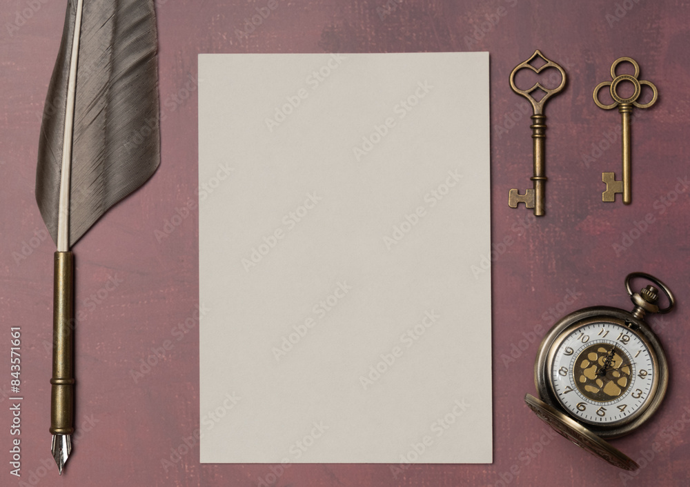 Old quill pen, paper blank sheet, vintage watch and keys on a burgundy ...