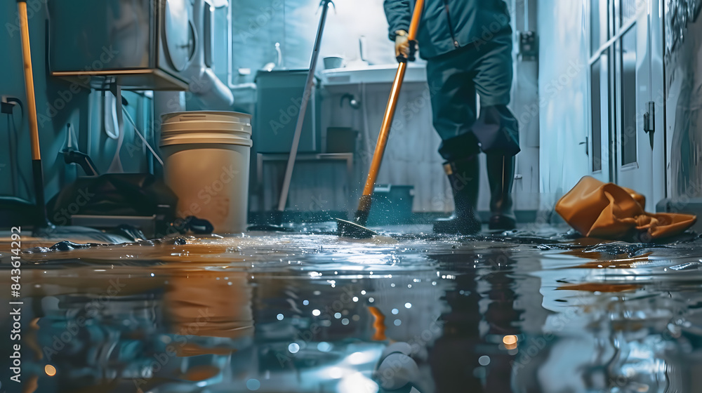 Mopping up deep floodwater in a basement or electrical room after a ...