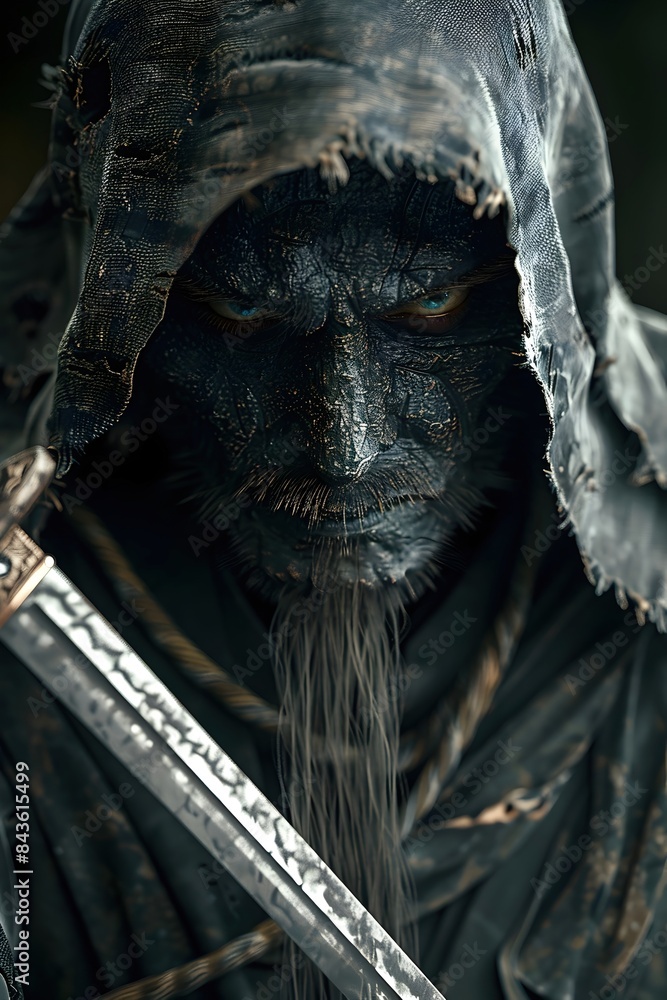 Malevolent ancient Japanese yokai spirit grasping weathered cursed ...