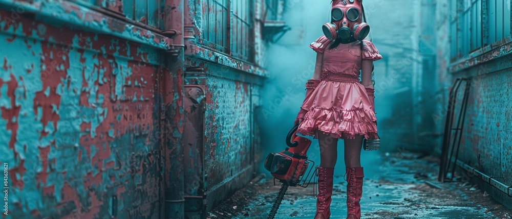 Woman in a pink gas mask, high boots, and frilly dress, holding a ...
