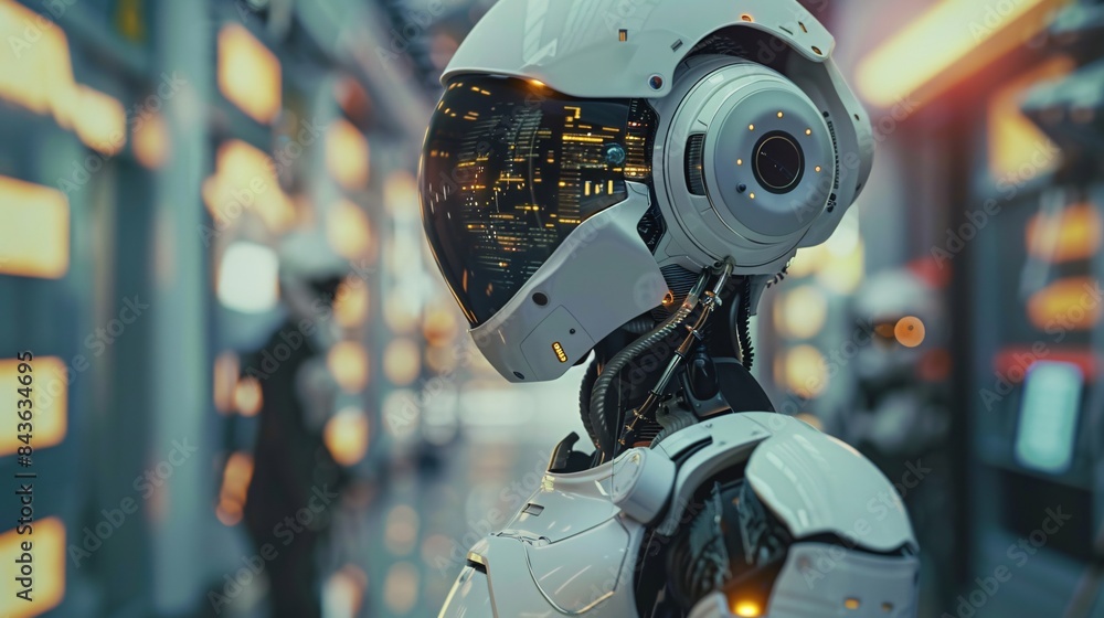 an image with an AI technology theme, there is a human robot with a ...