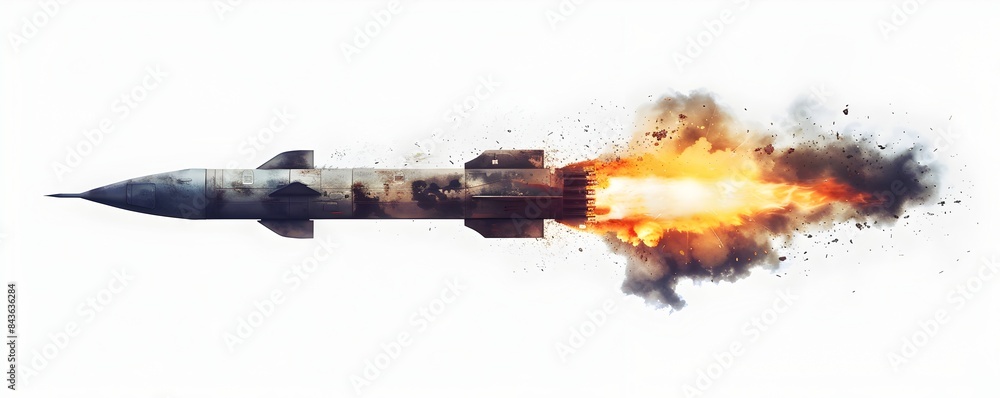 side view of an old missile flying with flames and smoke, white ...