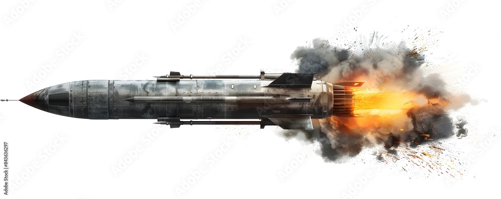 side view of an old missile flying with flames and smoke, white ...
