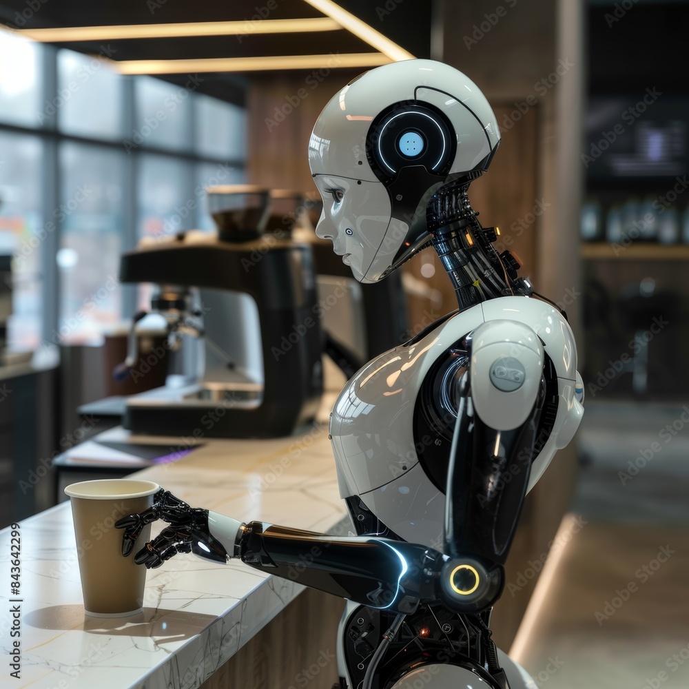 A robot making coffee at a modern office building. Ai artificial ...