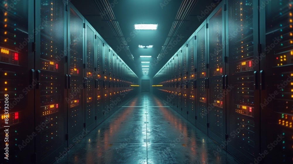 This image shows a corridor between rows of server racks in a dimly lit ...