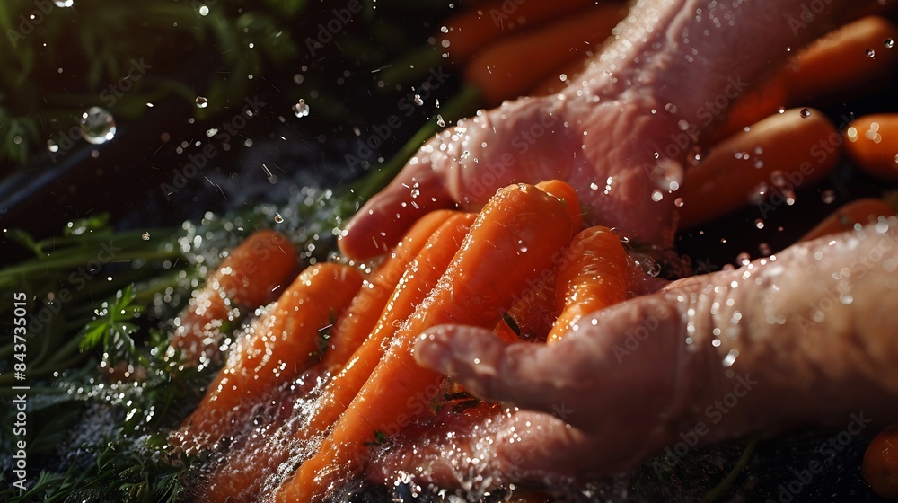 Washing hands and carrots for agriculture on farm gardening and ...