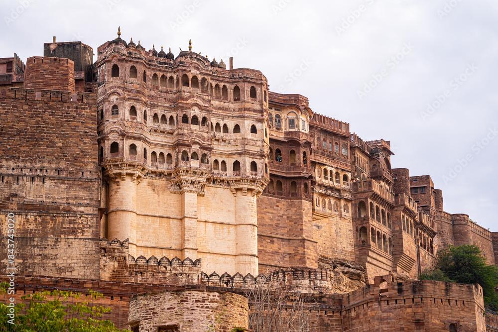 majestic stone walls of mehrangarh fort with window arches in jodhpur ...