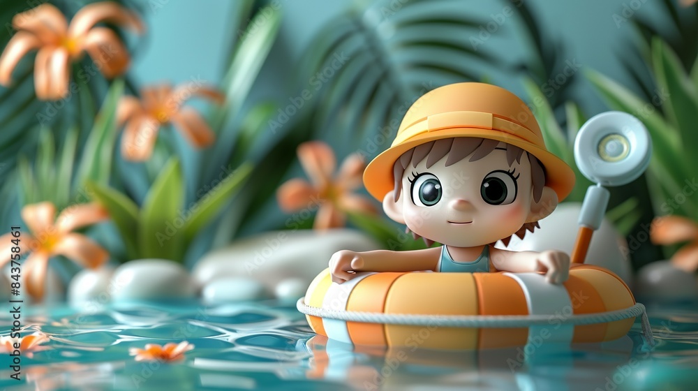 A boy in a lifeguard uniform, with a whistle and rescue tube, watching ...