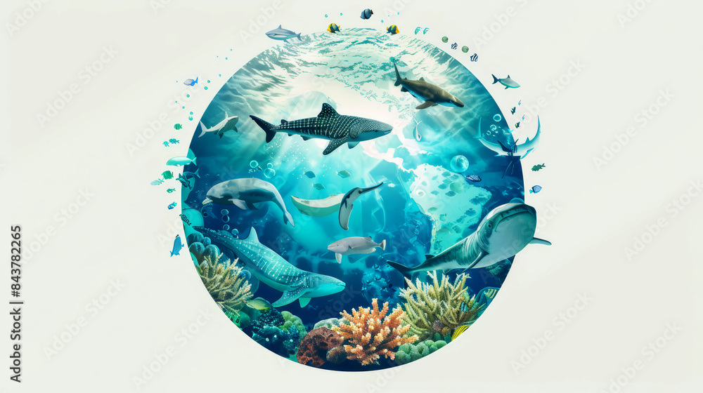Earth with the underwater sea world with different fish, other sea ...