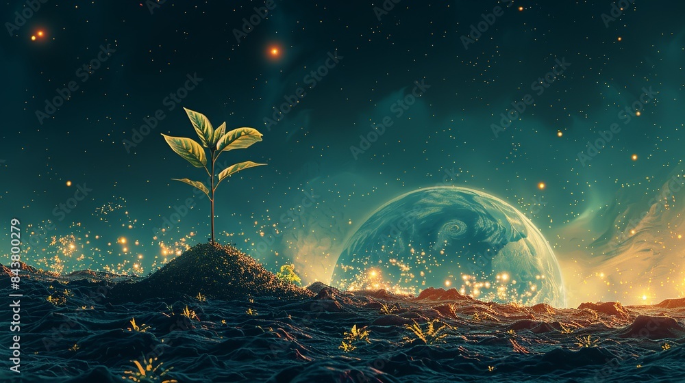 A single seed floating in space, landing on a planet, and growing into ...