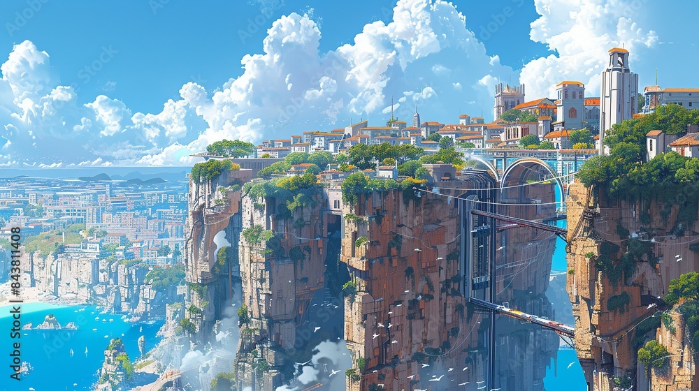 A towering city built into the side of a colossal cliff, with buildings ...