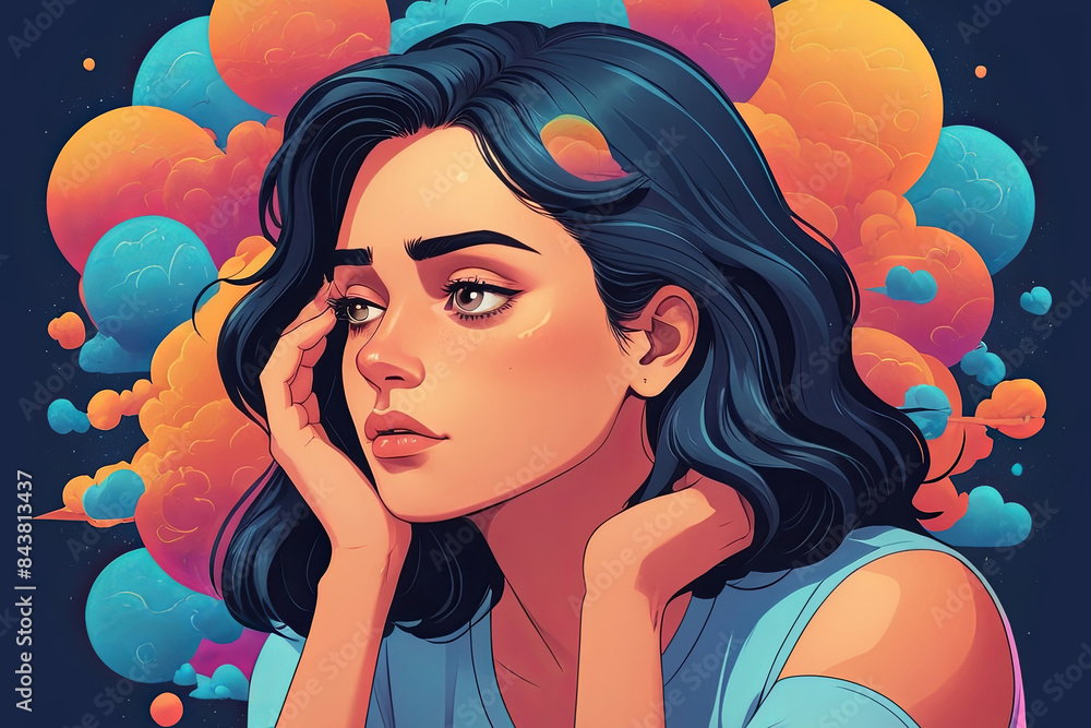 Young woman cartoon character expressing overthinking and various ...