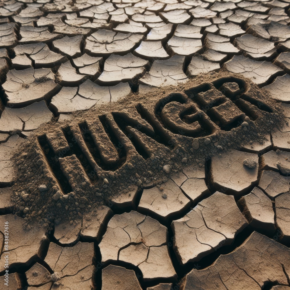 The word Hunger etched into parched, cracked earth illustrates the ...