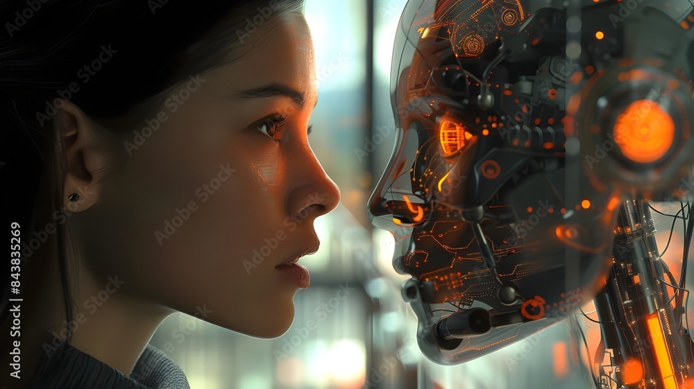 Technology future science clone AI laboratory. Interaction of human woman and robot troy ...