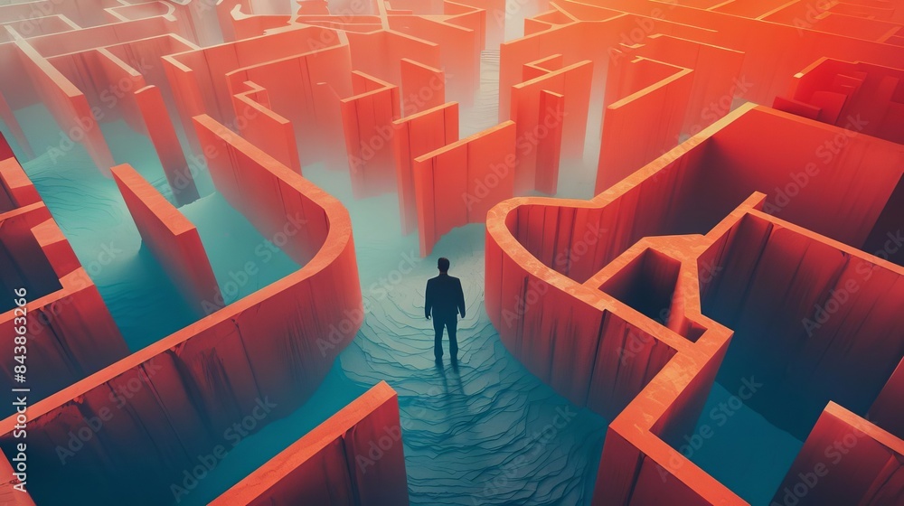 puzzled man standing in the center of a complex maze problem solving ...
