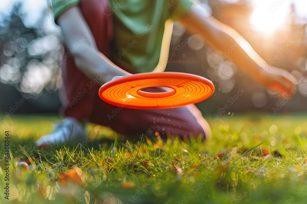 A bright frisbee disc flies from a hand on a sunny day. Concept: active ...