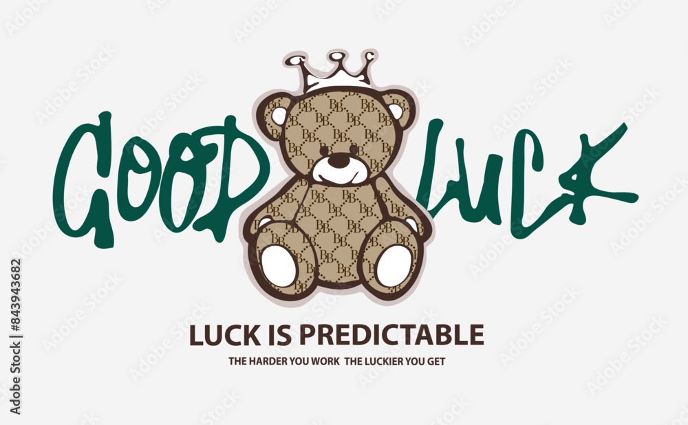 good luck calligraphy slogan with cartoon bear doll line art vector ...