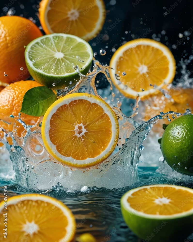 Dynamic Splash of Citrus Fruits Including Oranges, Lemons, and Limes in Vibrant Water Stock ...