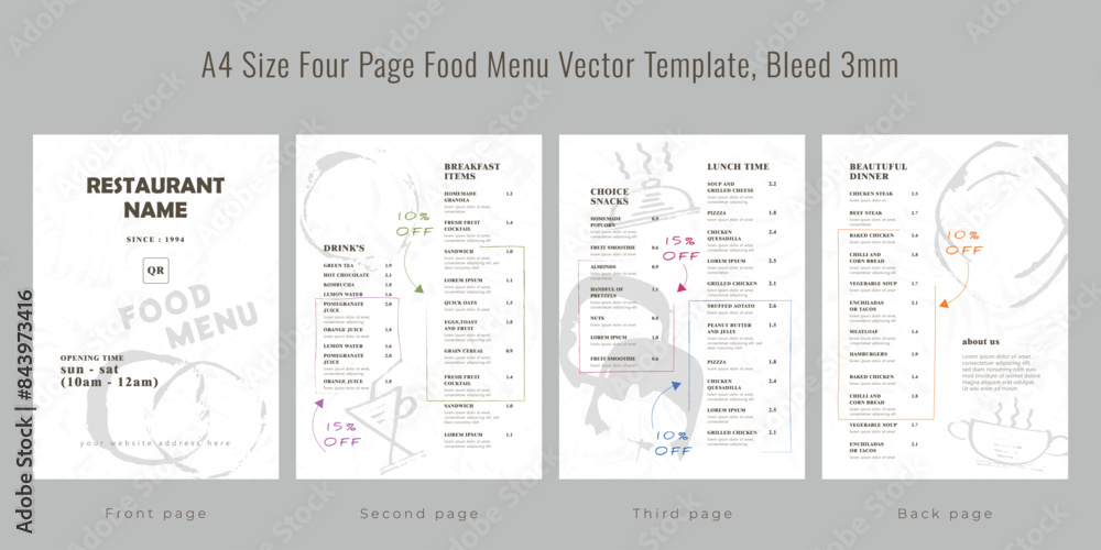 Vector de Stock Restaurant cafe menu, template design, A4 size four ...