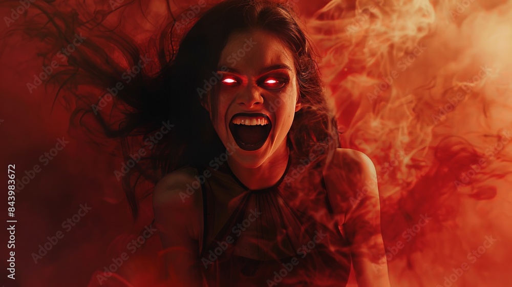 A menacing figure with glowing red eyes exudes an aura of malevolence ...