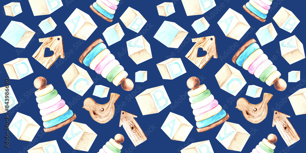Children's toys, pyramid, cubes watercolor seamless pattern drawn by ...