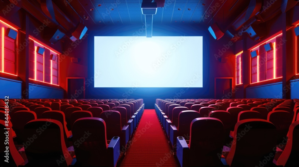 Empty Movie Theater Interior with Big White Screen Stock Illustration ...