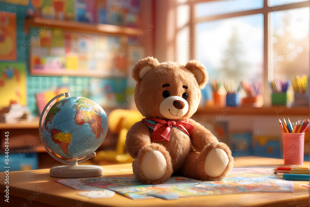 Cute Teddy bear plush toy with school supplies in school geography ...