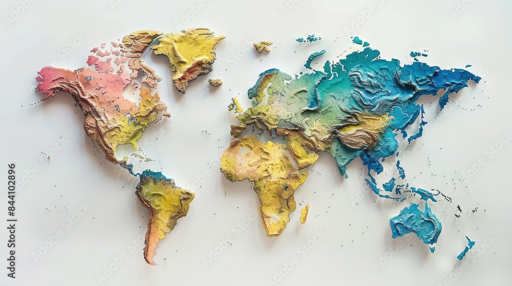 Colorful 3D world map showcasing geographical terrain and elevations ...