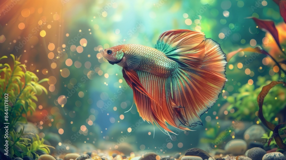 Betta fish in an aquarium, meticulously illustrated to highlight its ...