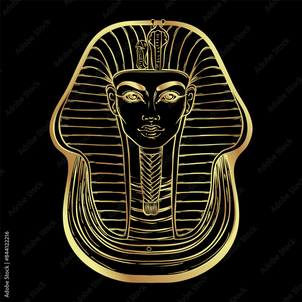 King Tutankhamun mask, ancient Egyptian pharaoh. Hand-drawn vintage ...