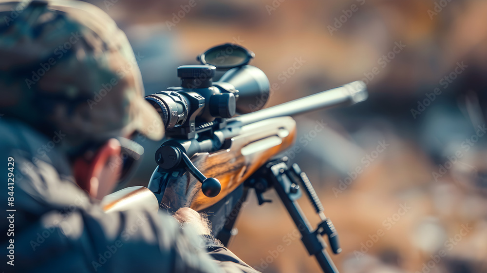 Sharpshooter aiming rifle with precision focus on target, ready to fire ...