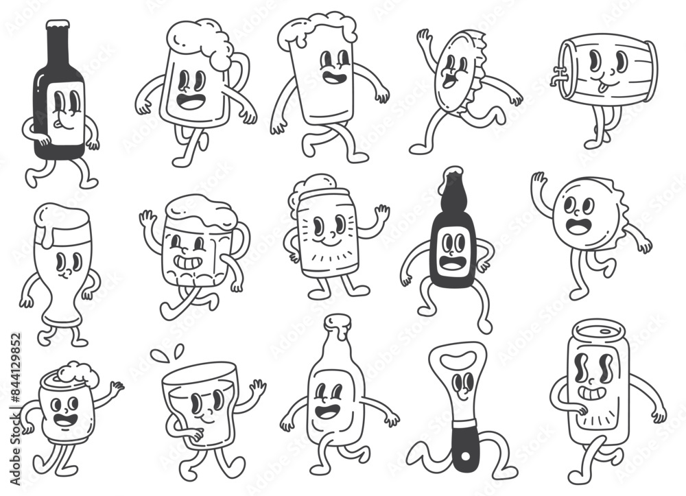Vetor Vintage Cartoon Collection of Beer Bottles, Cans, and Glasses ...