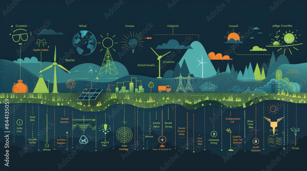 Illustration depicting renewable energy sources, including wind, solar ...
