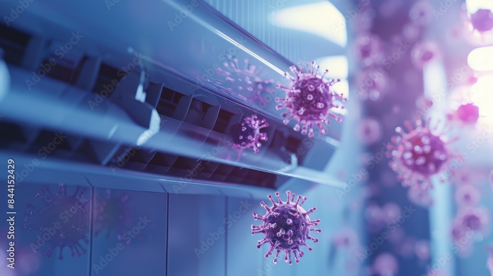 Airborne viruses in a room with ventilation system, illustrating the ...