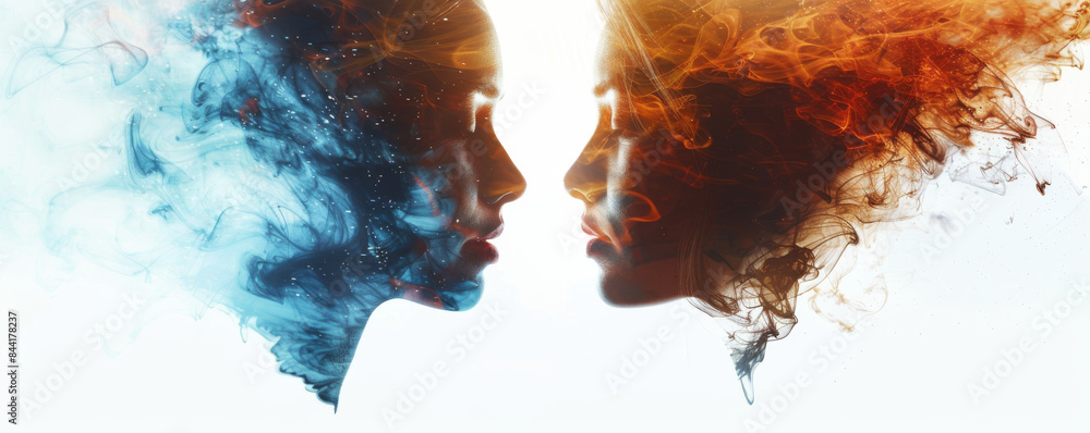 Silhouette of two faces facing each other, enveloped in blue and orange ...