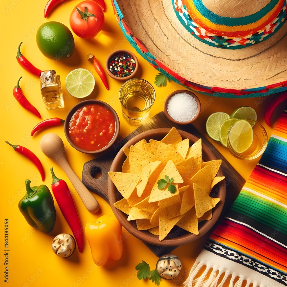 Simple Cinco-de-mayo concept traditional food nacho chips salsa sauce ...