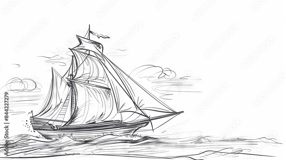Clean line sketch of a sailing ship on the open sea, representing ...