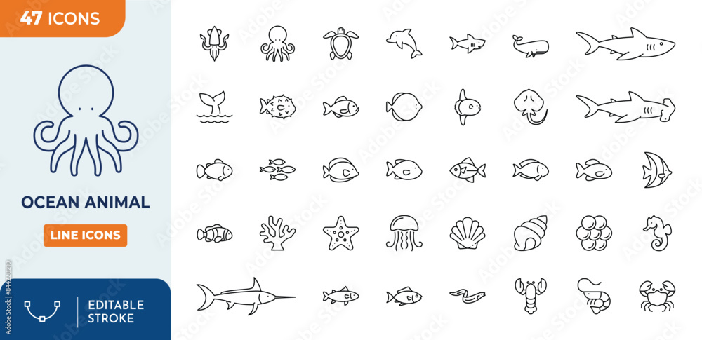 Sea Life & Ocean Animals icon set. Marine Life Related Linear Icons ...