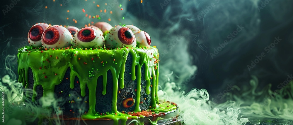 Psychedelic monster cake with eyeballs, dripping green slime, spooky ...