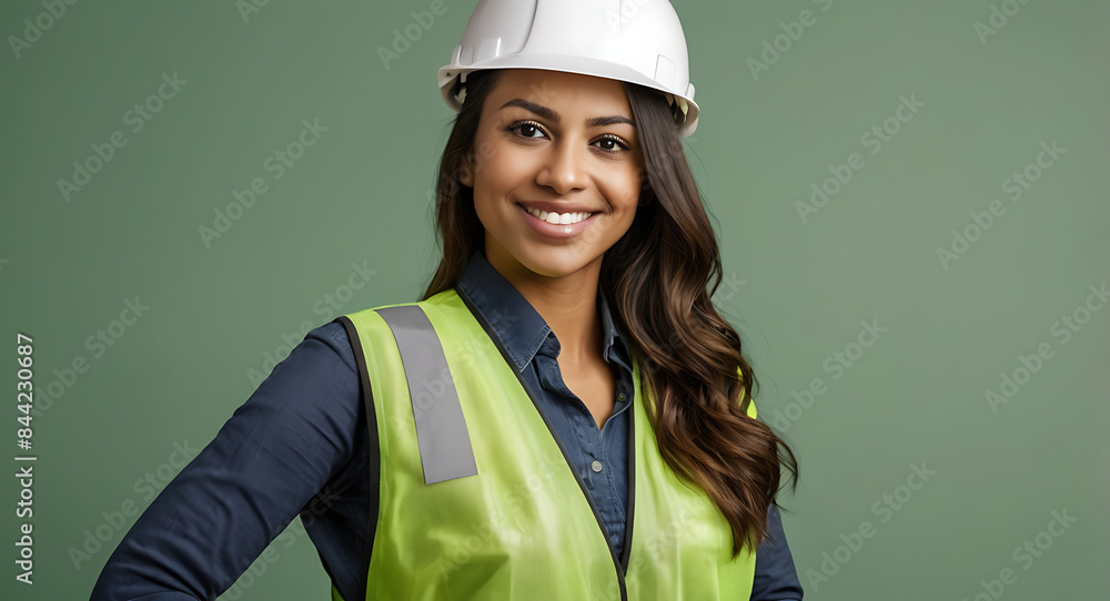 Closeup Portrait of a Smiling female engineer with green safety helmet ...